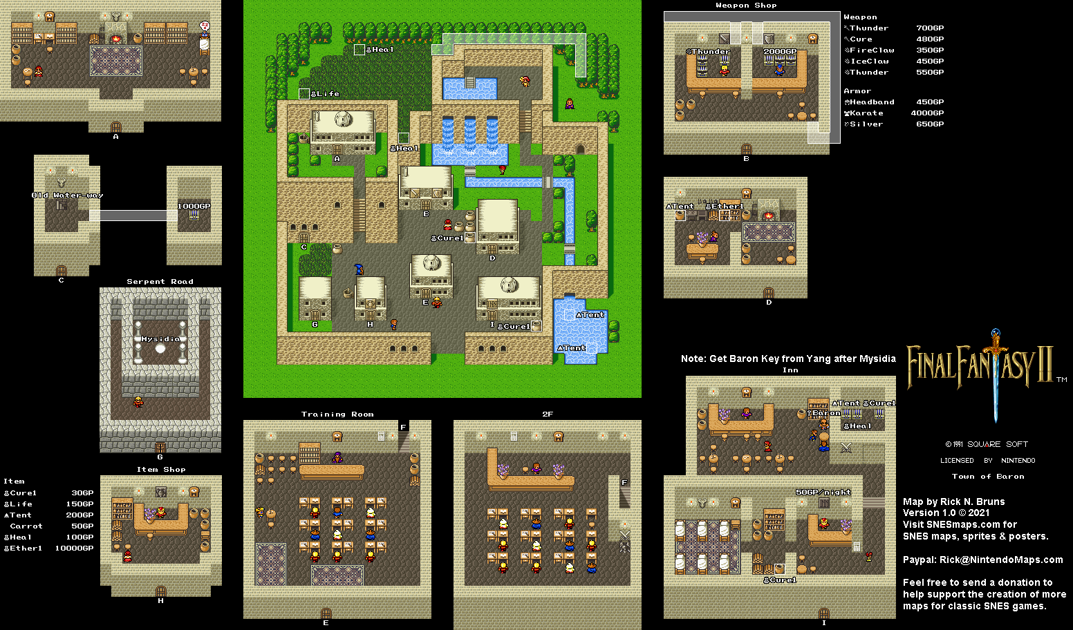 Final Fantasy II 2 (IV 4) - Town of Baron Super Nintendo SNES Map