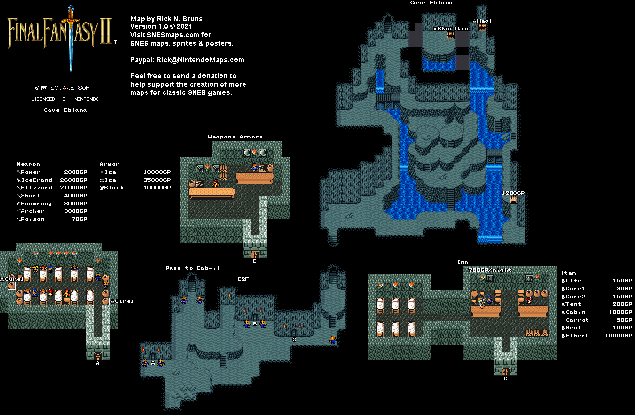 Final Fantasy II 2 (IV 4) - Cave Eblana Super Nintendo SNES Map